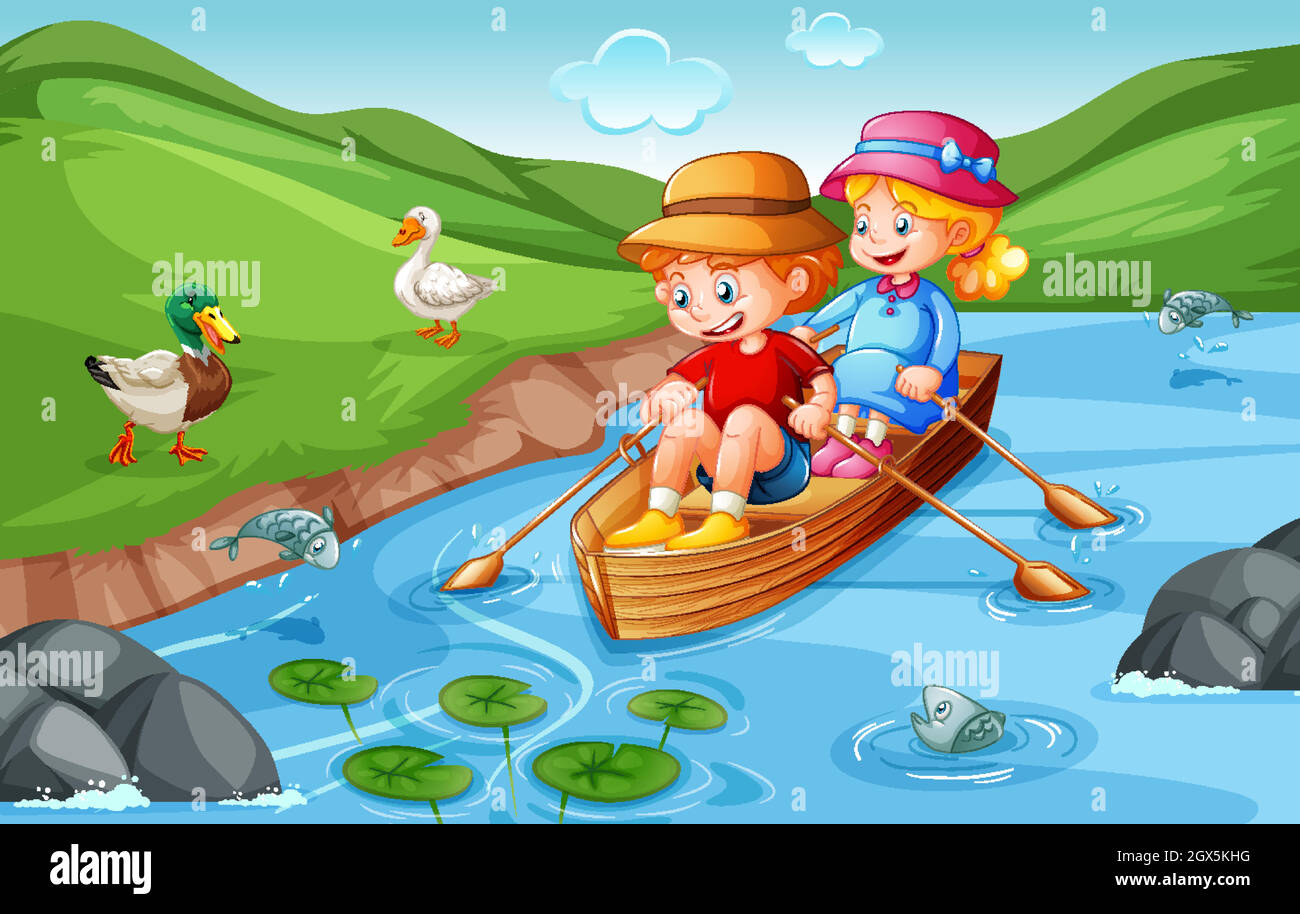Boy and girl row the boat in nature park Stock Vector Image & Art - Alamy