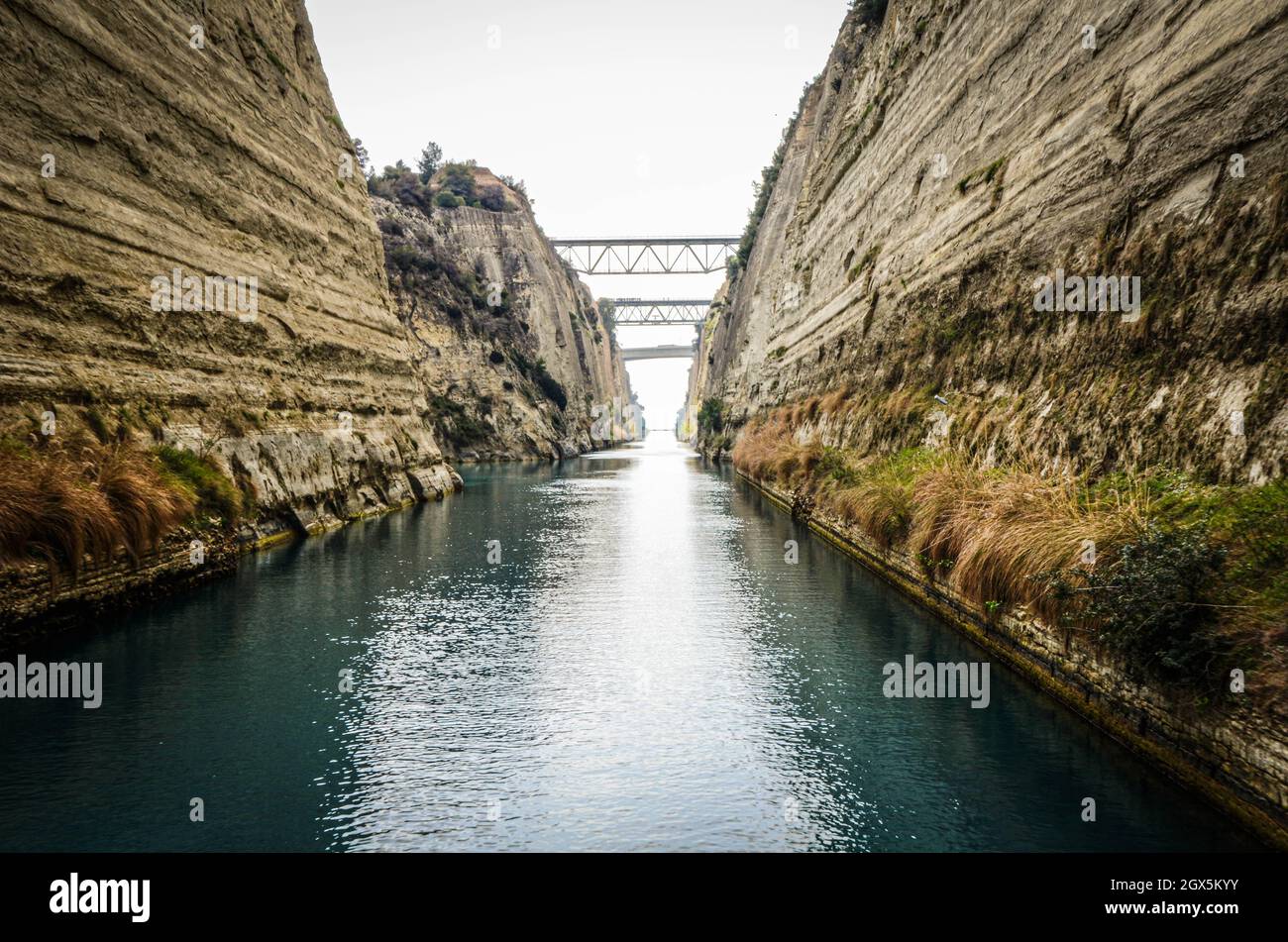 The Corinth Canal connects the Gulf of Corinth in the Ionian Sea with ...
