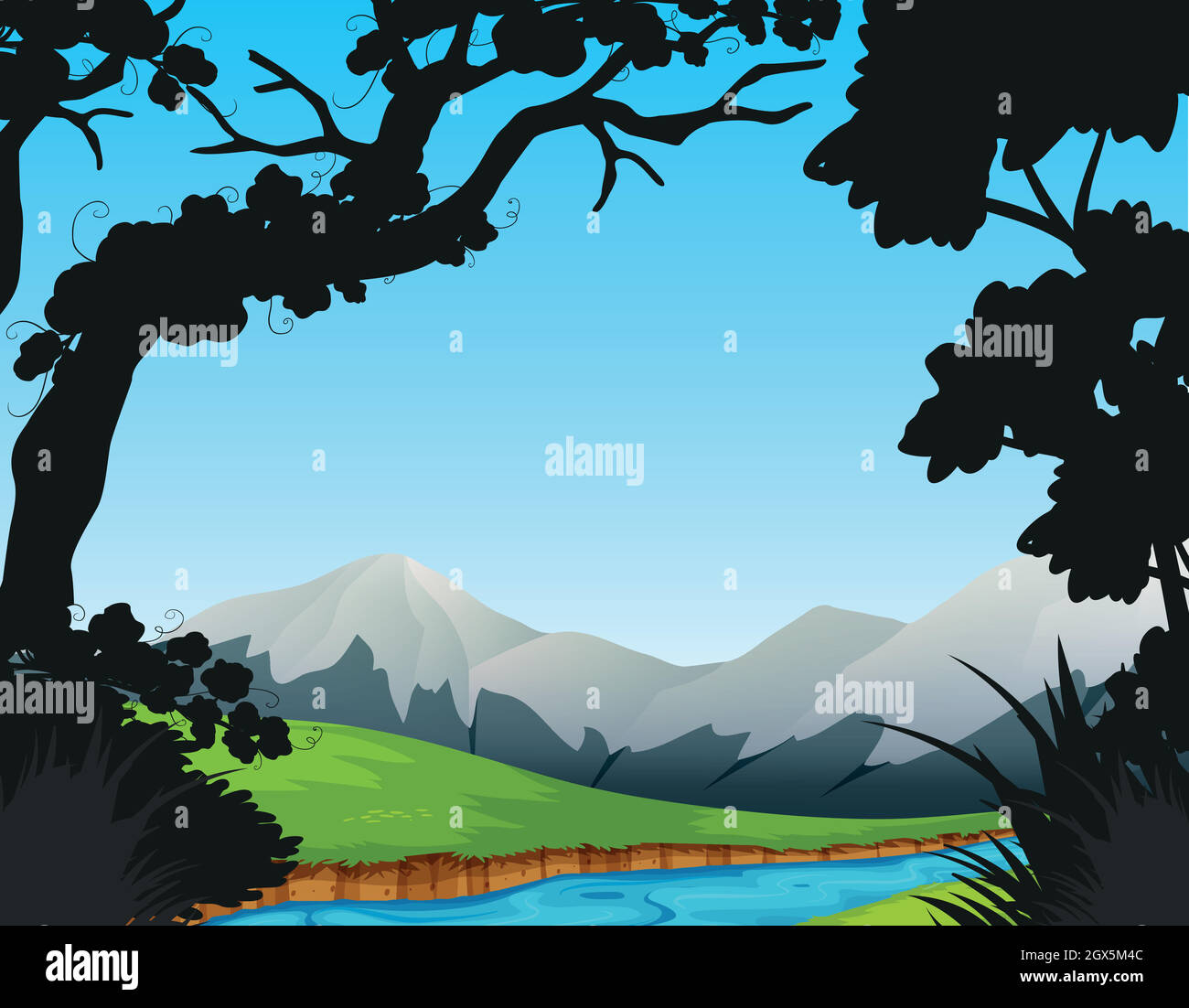 Illustration river mountains Stock Vector Images - Alamy