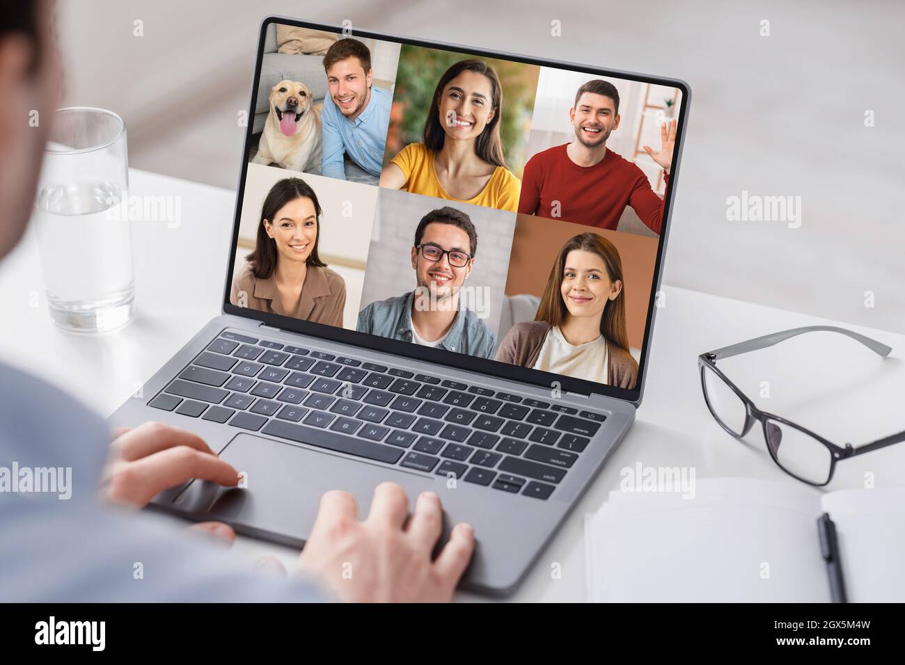Unrecognizable millennial businessman look at laptop screen, double ...