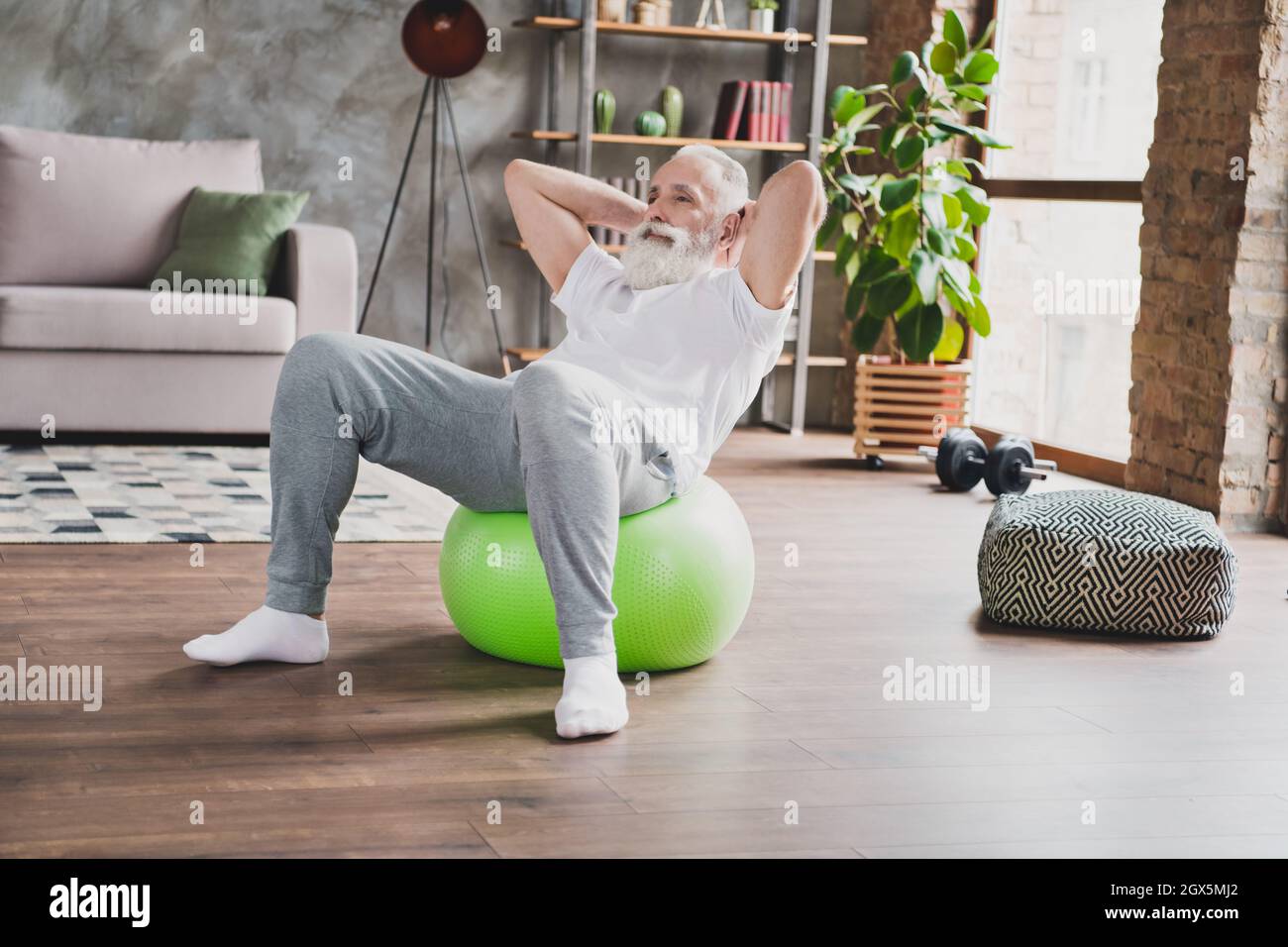 Full size photo of happy positive handsome grandfather exercising ...