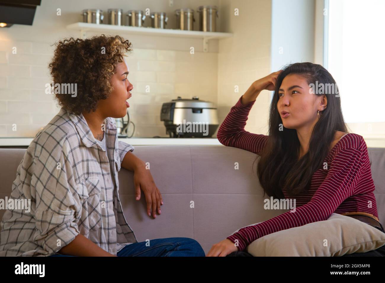 Two friends communicate with each other with smiles. African American ...