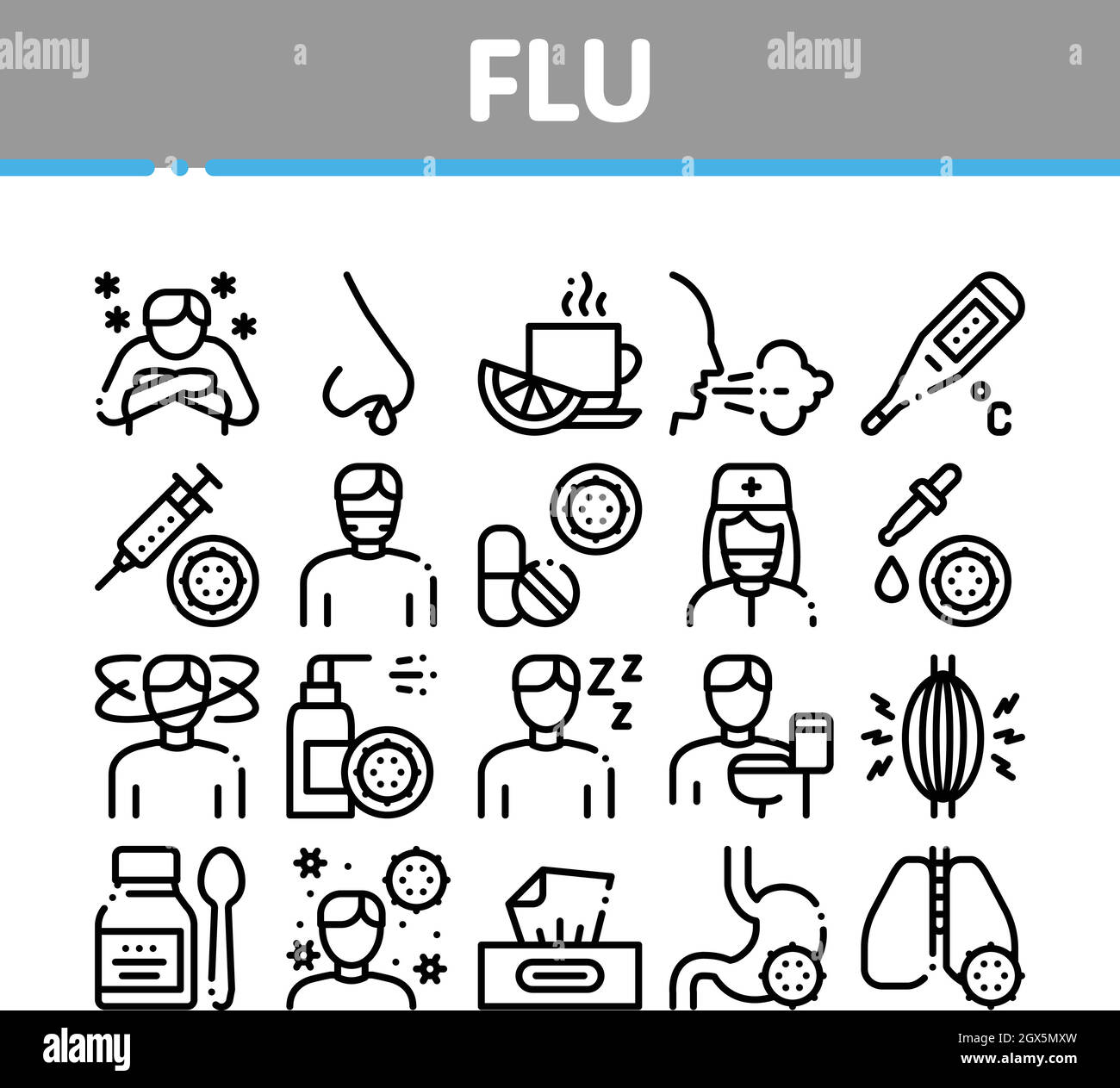 Flu Symptoms Medical Collection Icons Set Vector Stock Vector Image ...