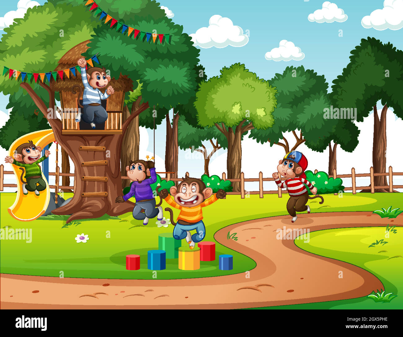 Playground scene with many little monkeys cartoon character Stock ...