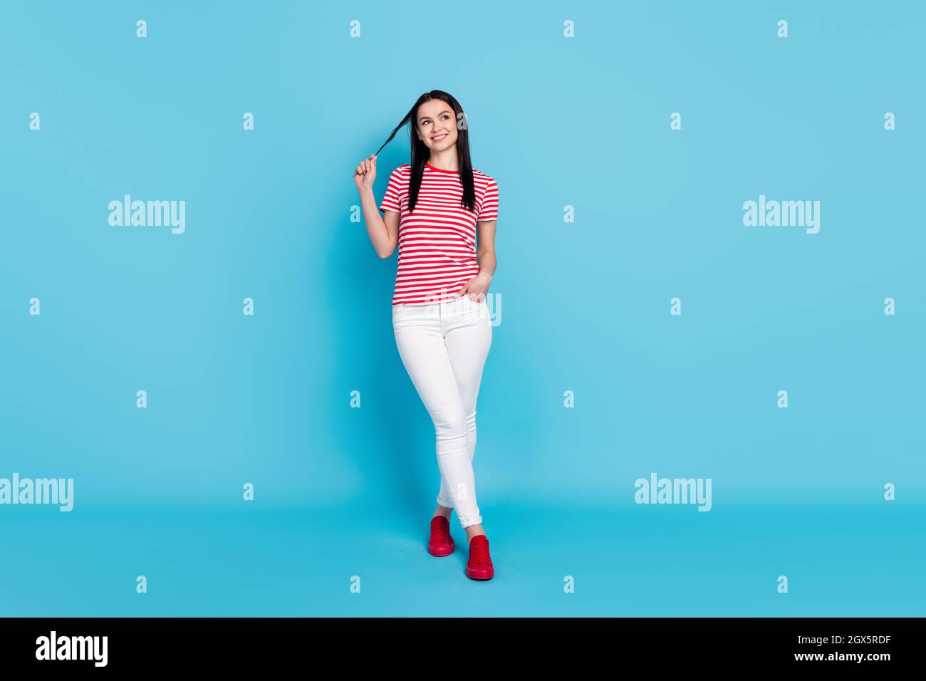 Full size photo of young girl happy positive smile flirty dream look ...