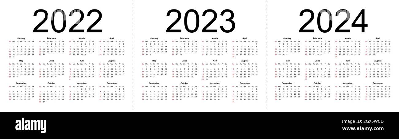Simple editable vector calendars for year 2022 2023 2024. Week starts ...