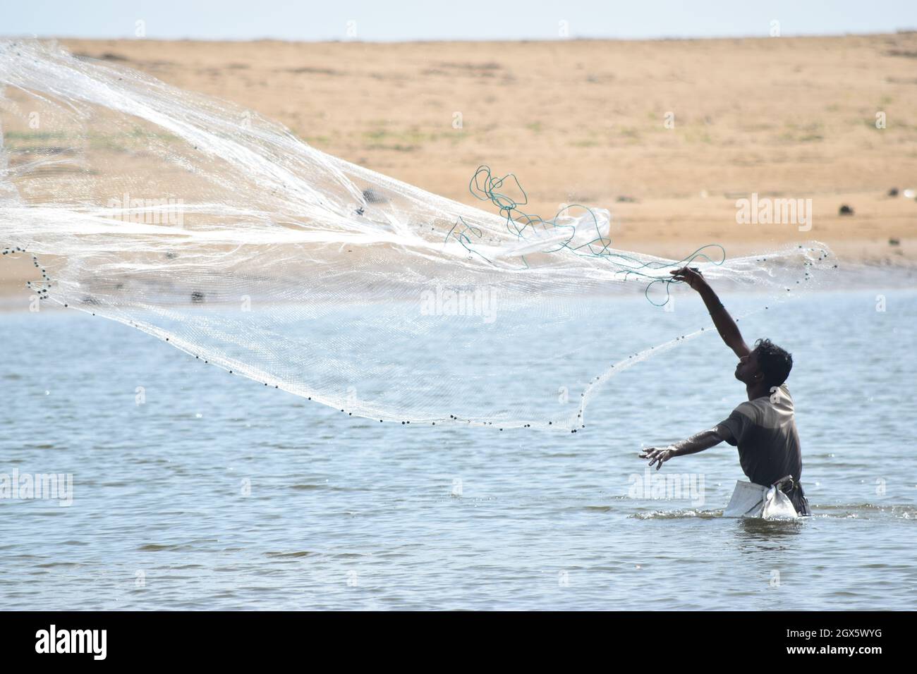 A man throwing his fishing net to catch fish Stock Photo - Alamy