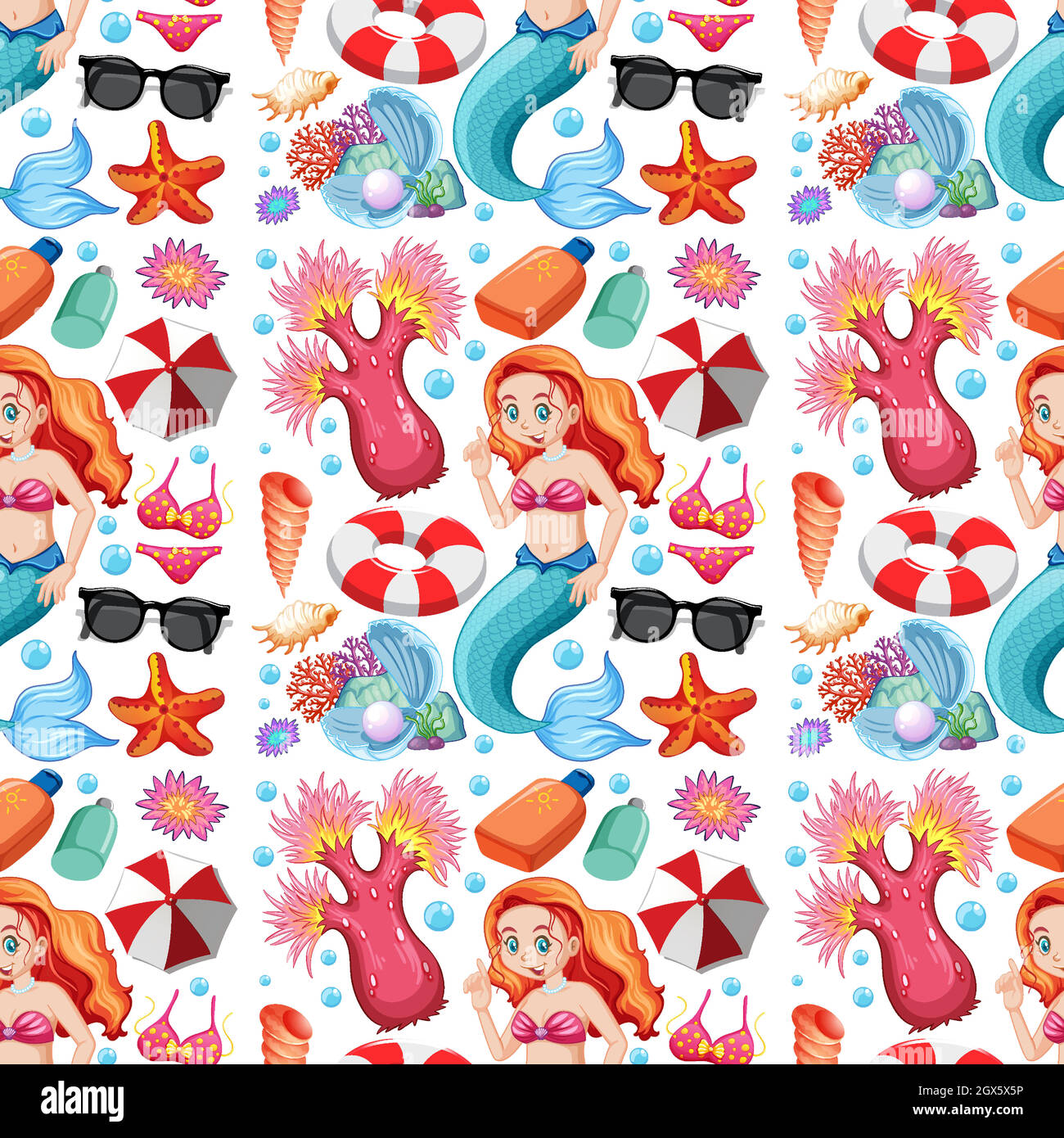 Seamless mermaid and summer icon cartoon character on white background ...