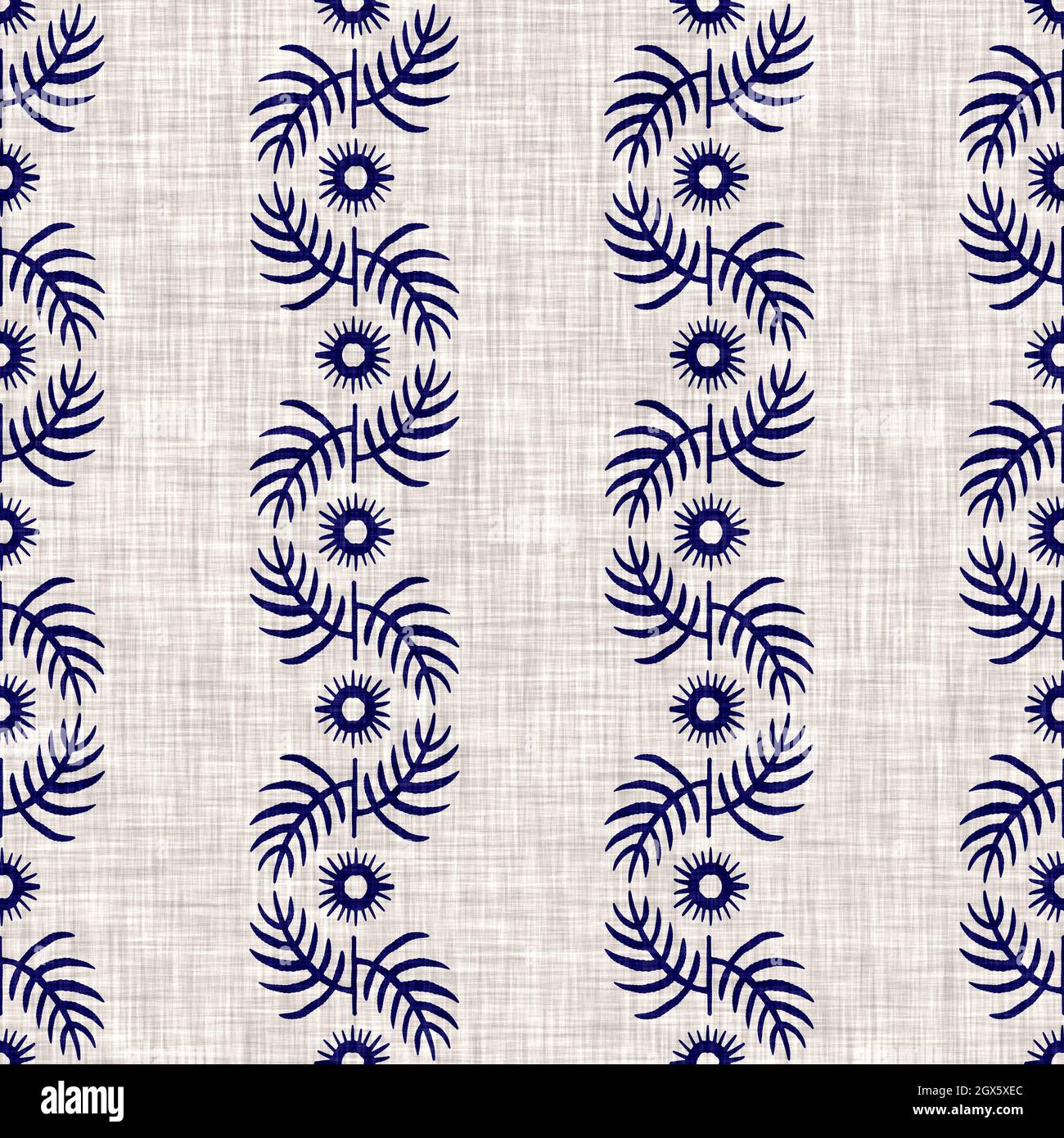 Indigo blue flower block print dyed linen texture background. Seamless ...