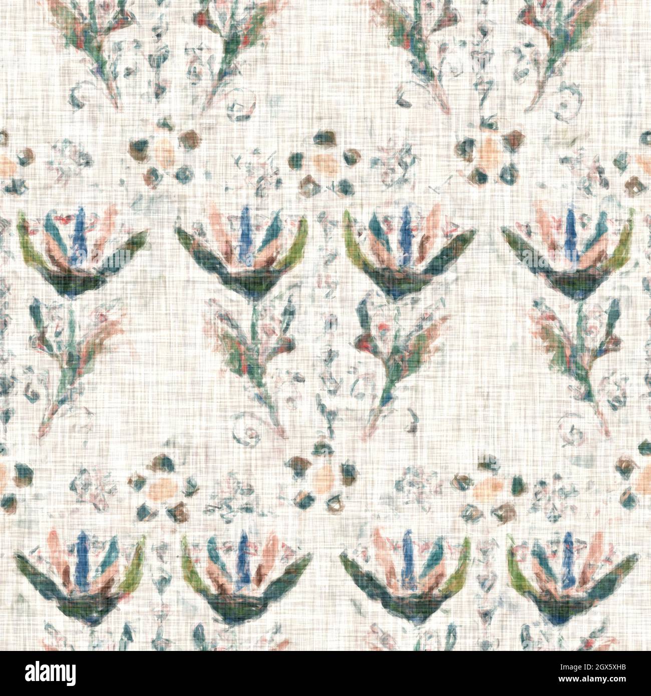 Hand drawn grey flower motif linen texture. Whimsical garden seamless ...