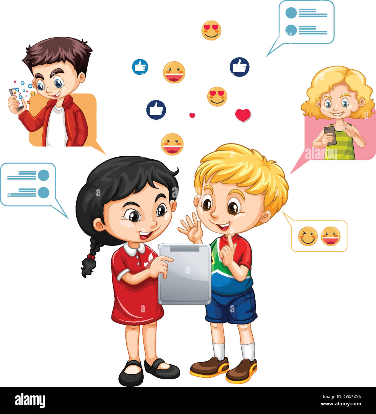 Two kids learning on tablet with social media emoji icon cartoon style ...
