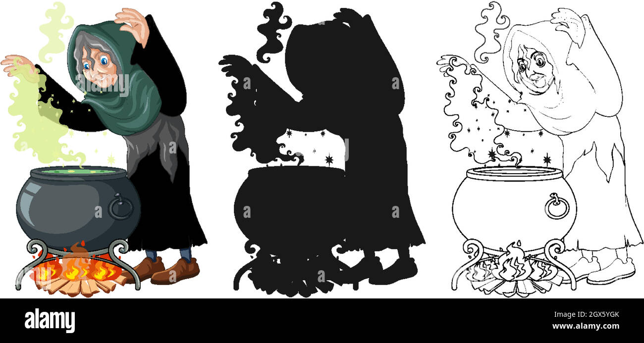 Witch with black magic pot in color and outline and silhouette cartoon ...