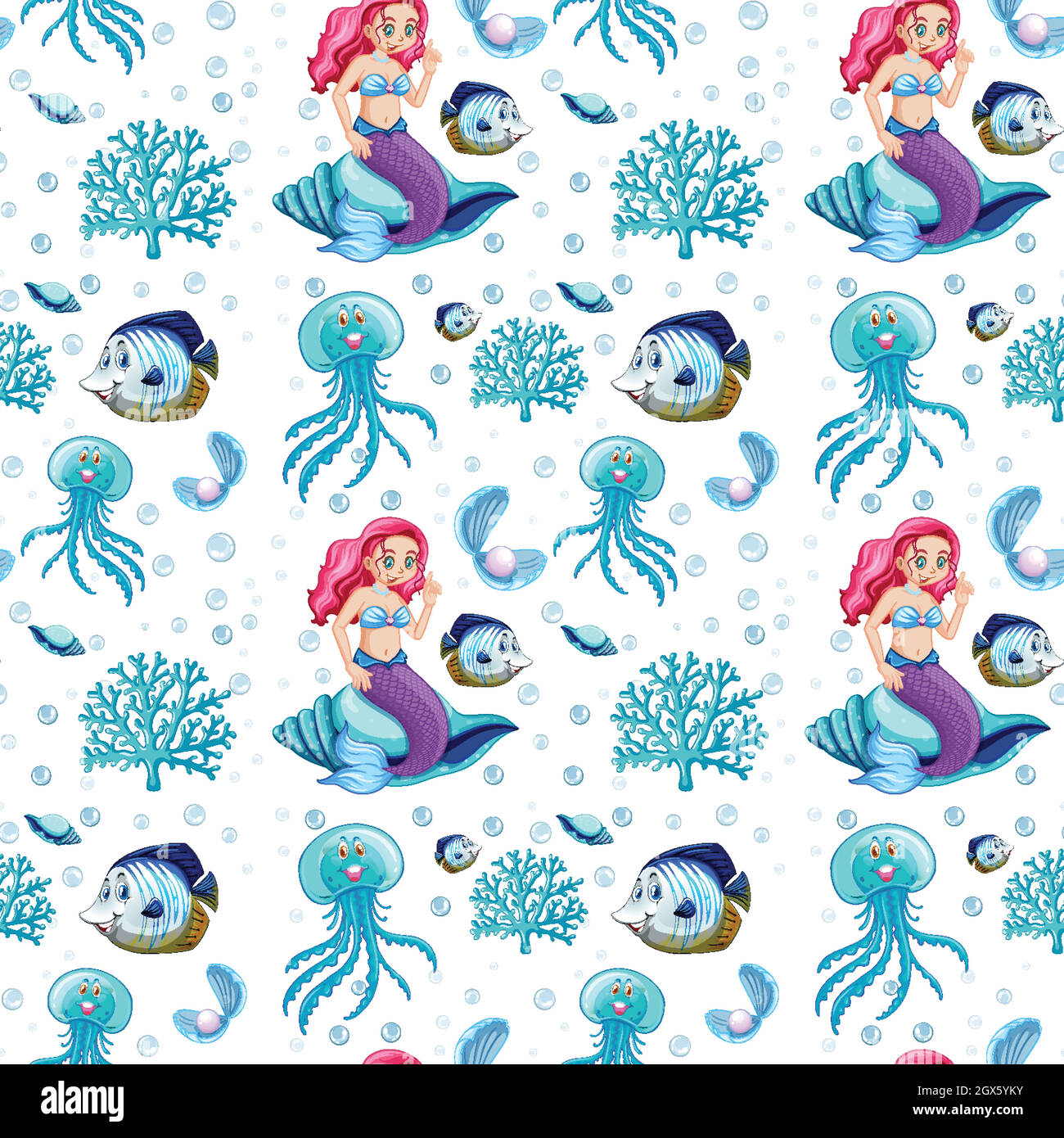 Seamless sea animals and mermaid cartoon character on white background ...