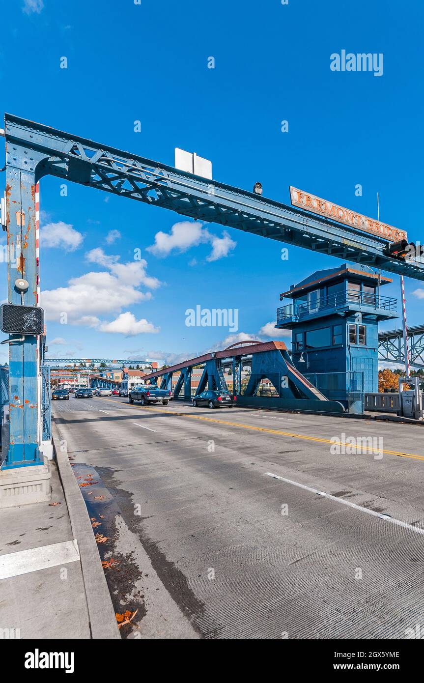 A view of the Fremont Bridge when approaching Fremont, Washington Stock ...