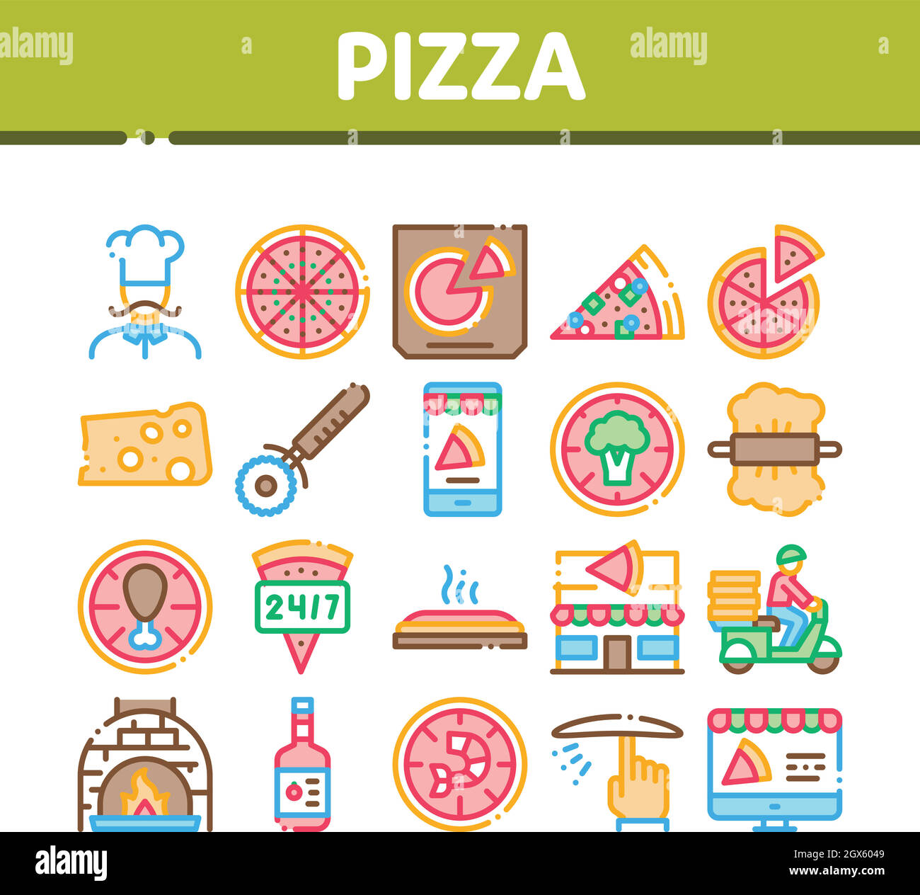 Pizza Delicious Food Collection Icons Set Vector Stock Vector Image ...