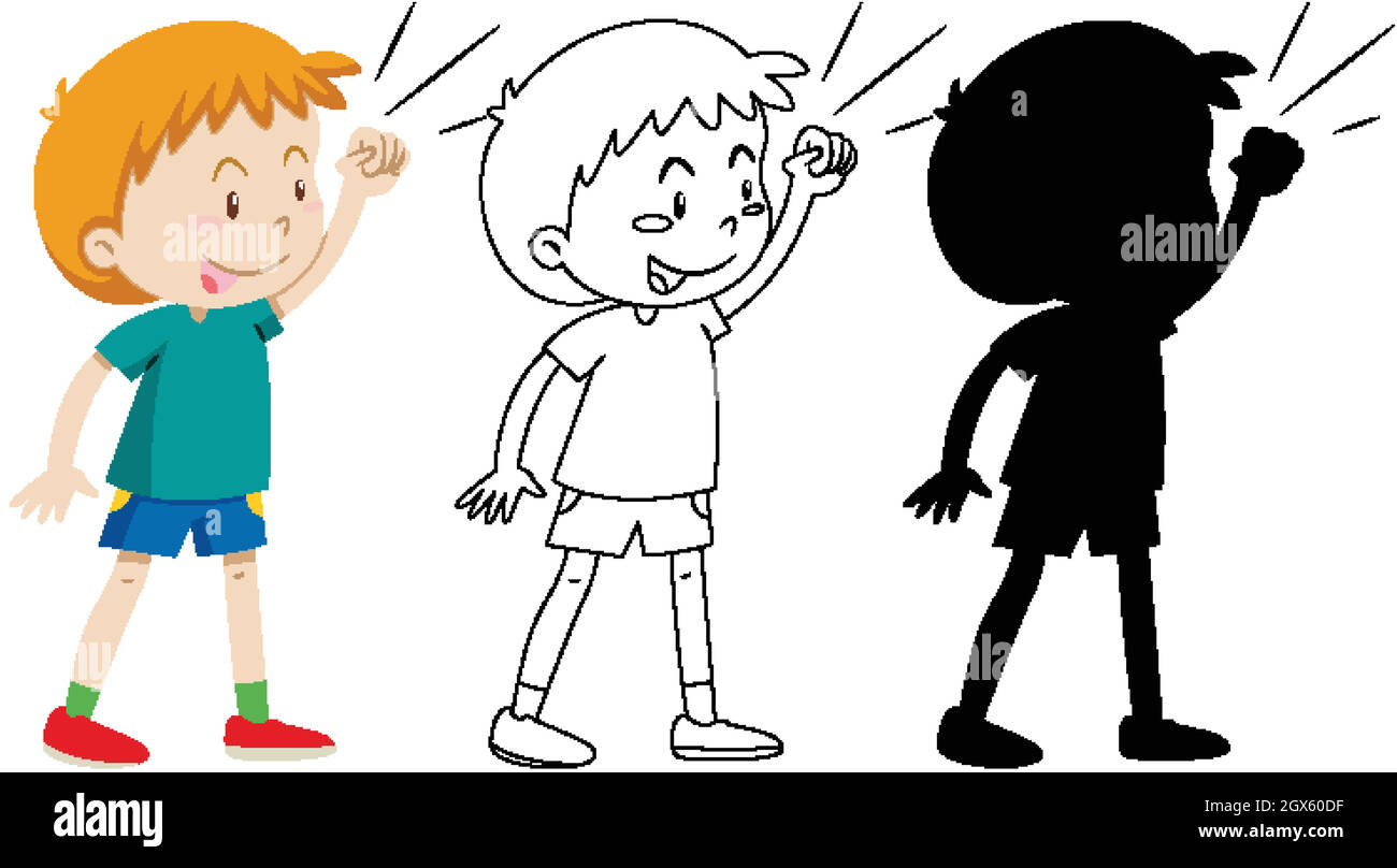 Boy with fighting pose in colour and outline and silhouette Stock ...