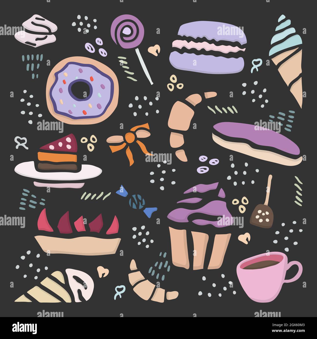 Hand drawn creative sweets design set. Doodle style vector illustration ...
