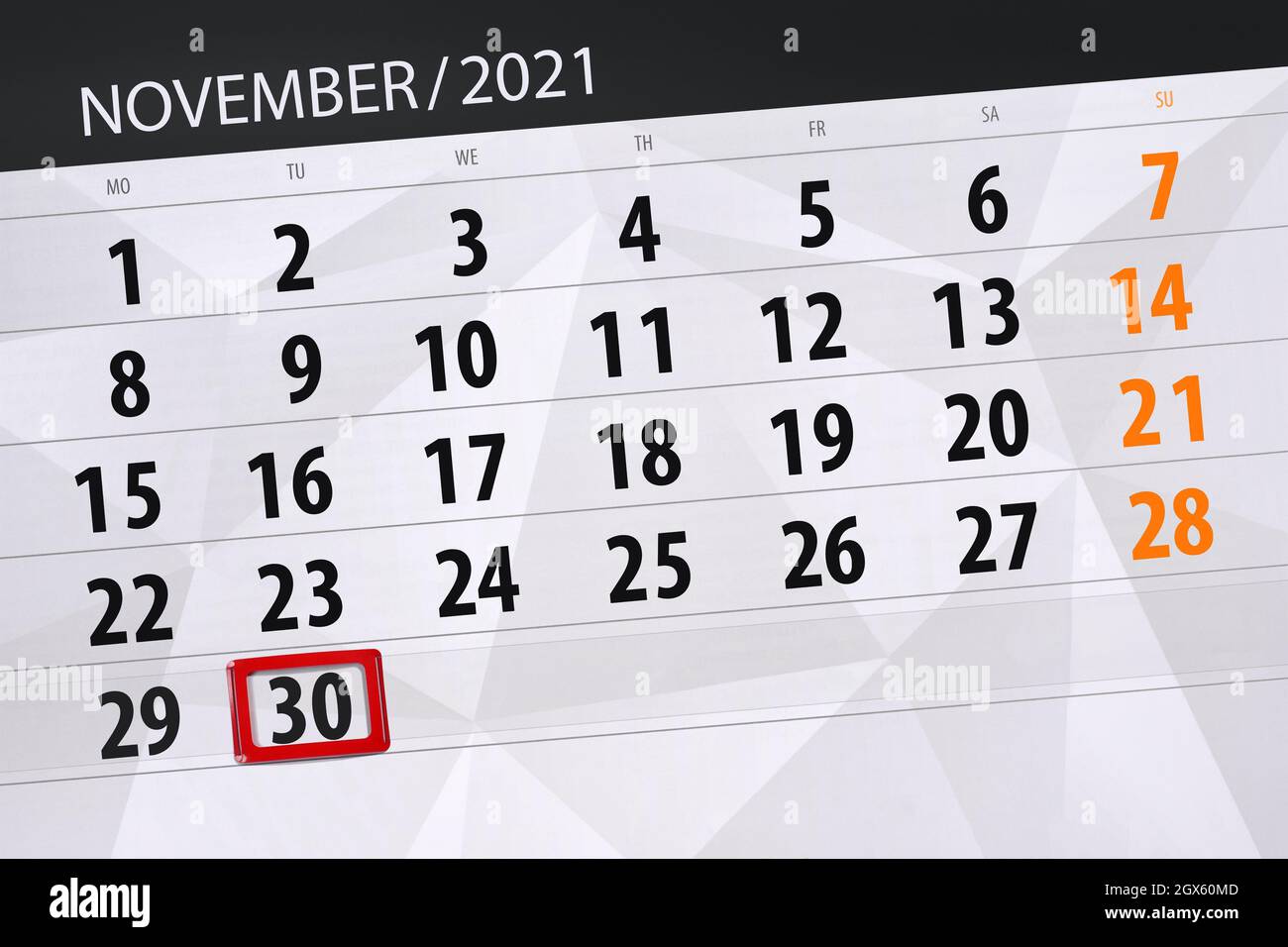 Calendar planner for the month november 2021, deadline day, 30, tuesday ...