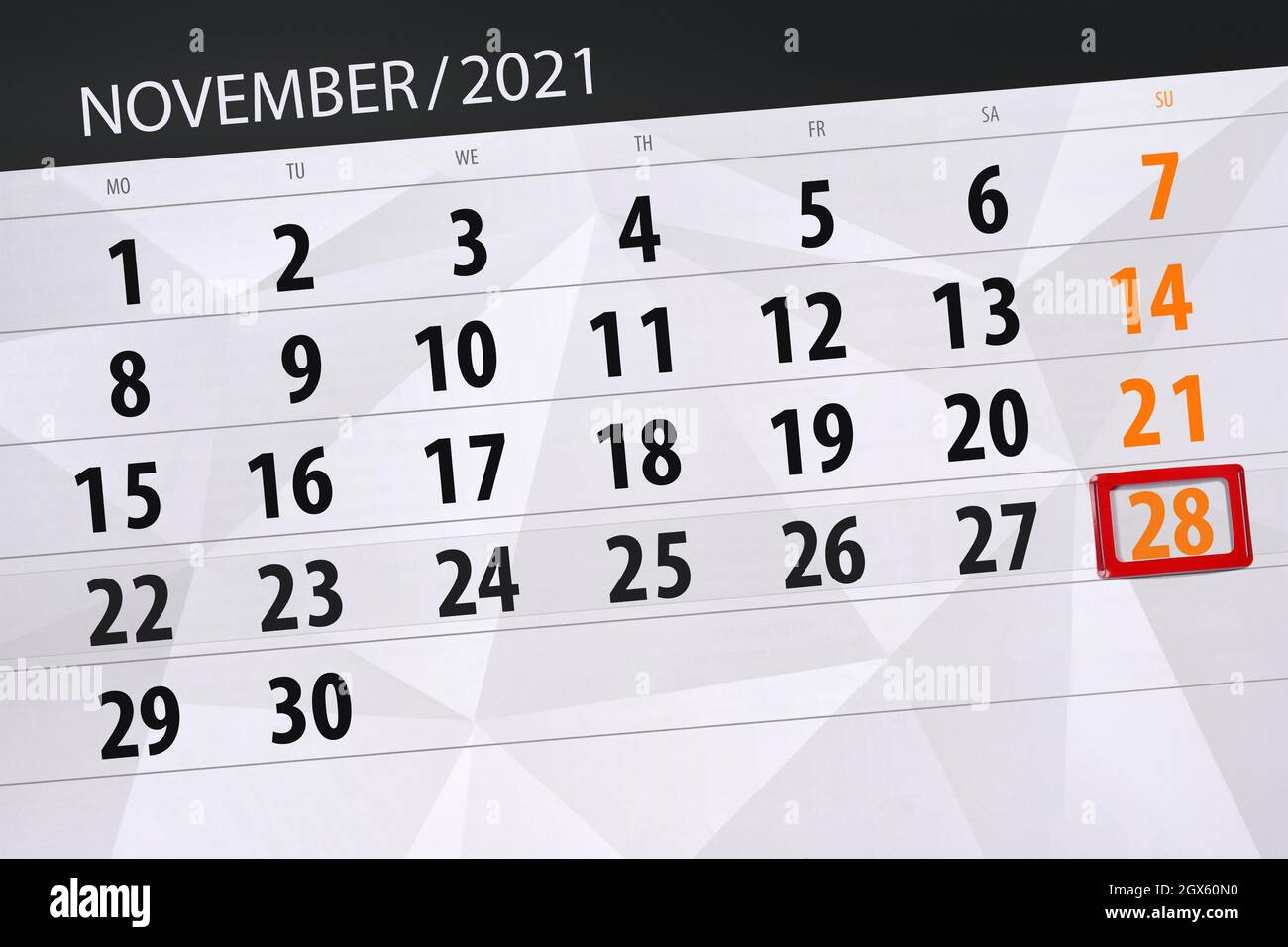 Calendar planner for the month november 2021, deadline day, 28, sunday ...