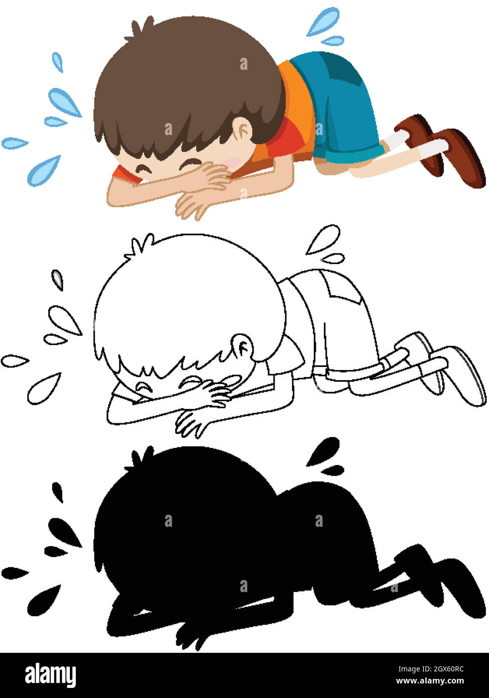 Boy crying on the floor with its outline and silhouette Stock Vector ...