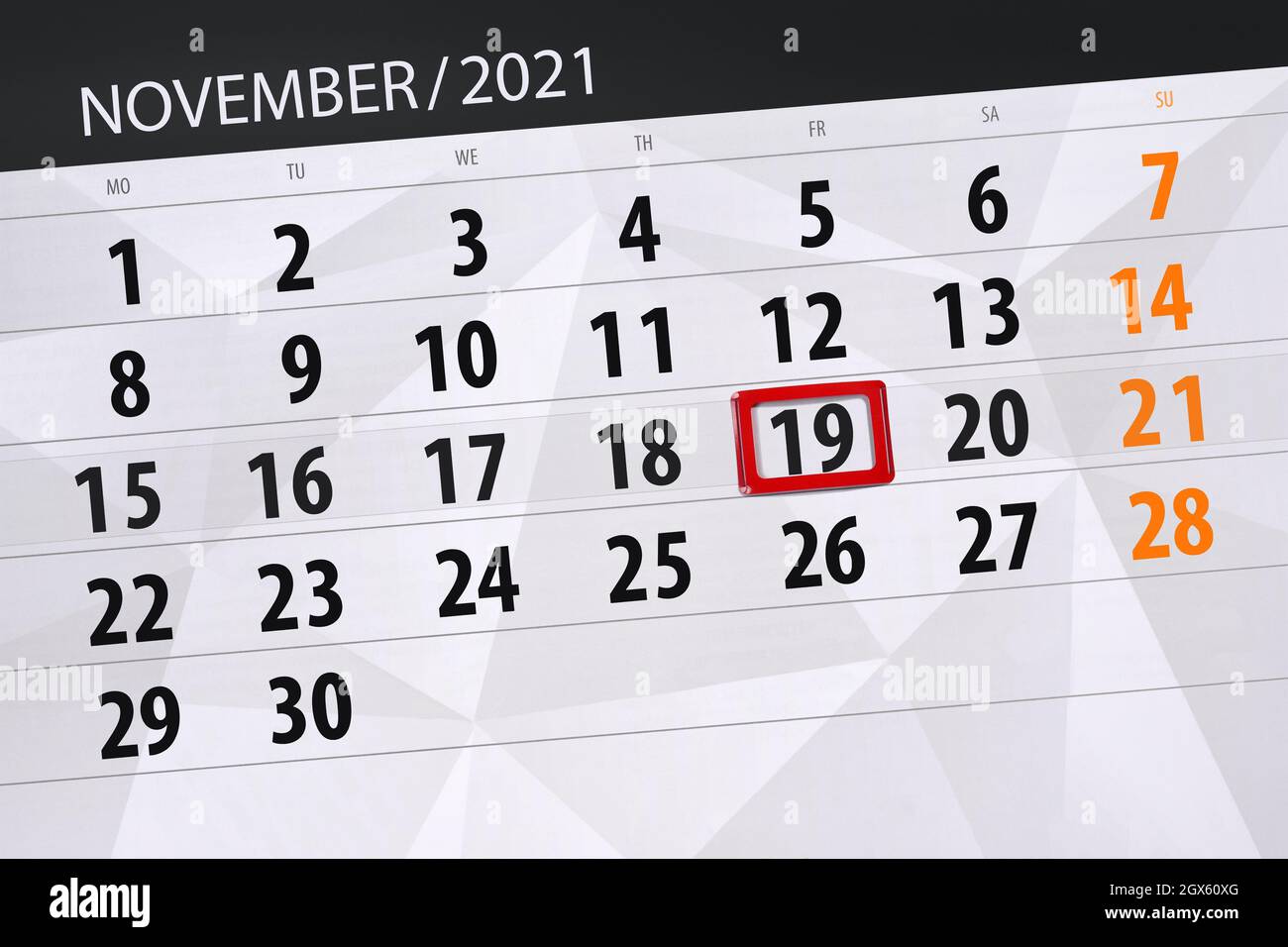 Calendar planner for the month november 2021, deadline day, 19, friday ...