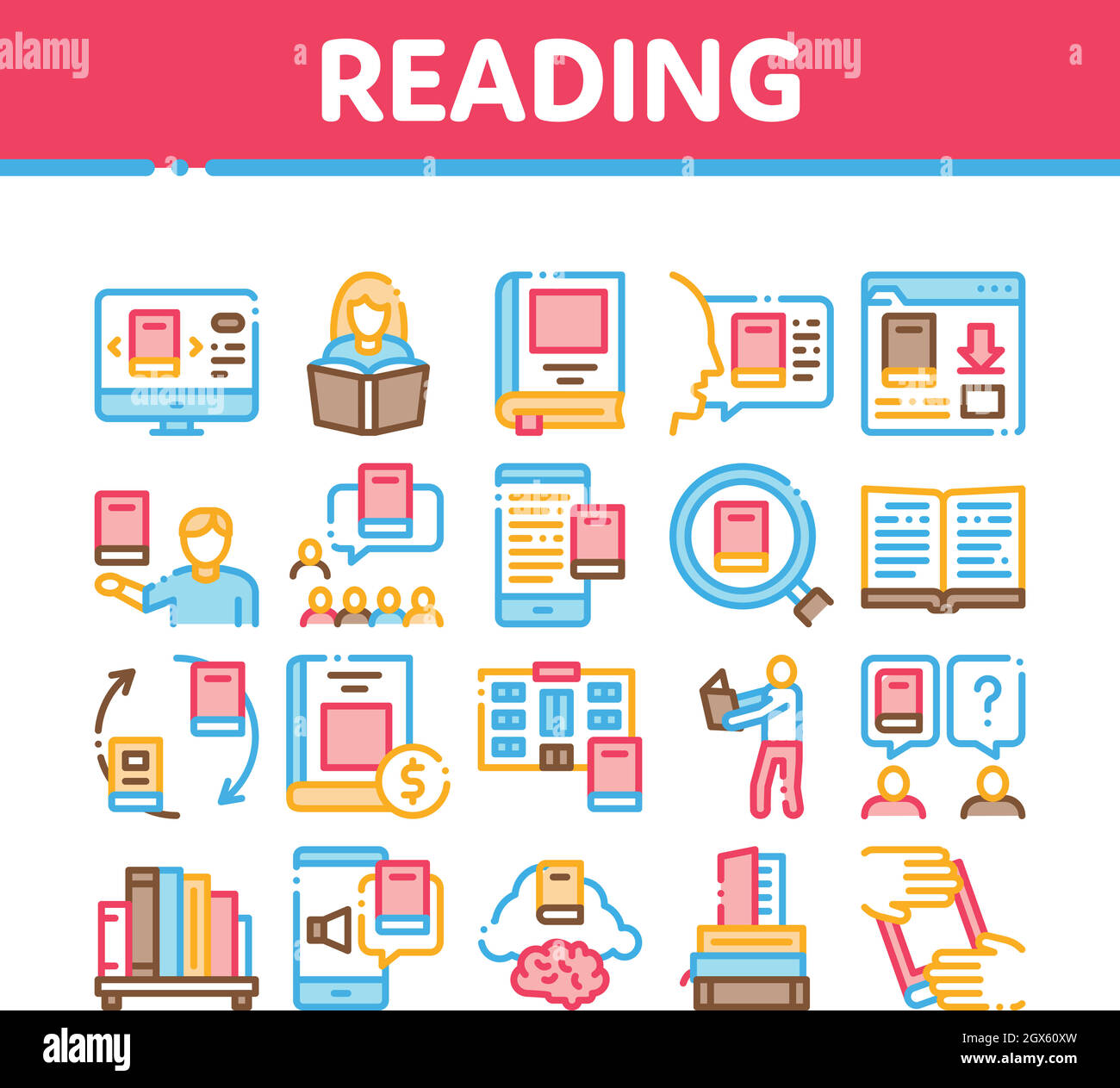 Reading Library Book Collection Icons Set Vector Stock Vector Image ...