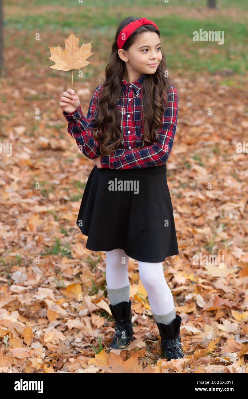 cheerful kid in school uniform hold autumn maple leaf outdoor, fall Stock Photo - Alamy