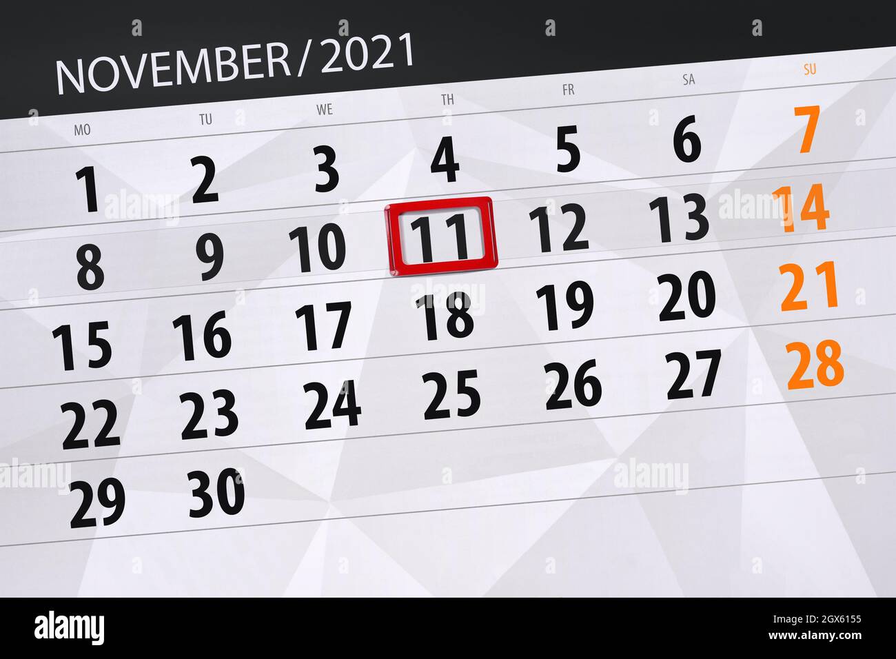 Calendar planner for the month november 2021, deadline day, 11 ...