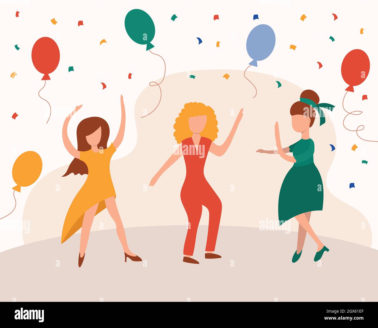 Dancing girl card background. Happy dancing bright colored adult woman ...