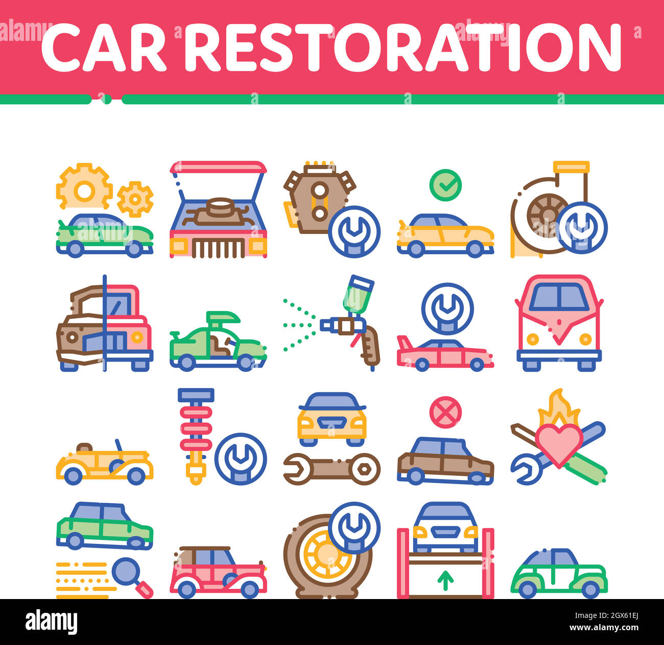 Car Restoration Repair Collection Icons Set Vector Stock Vector Image ...