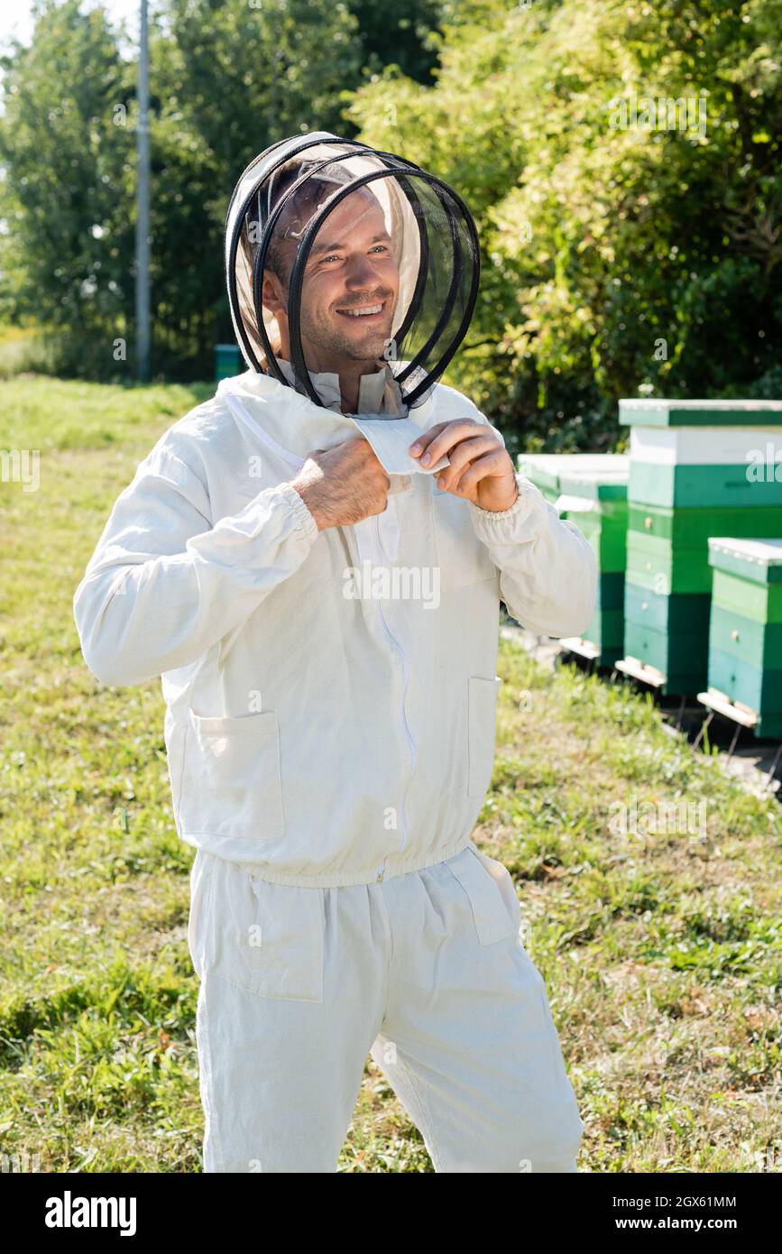 smiling apiarist adjusting beekeeping suit near beehives on apiary ...