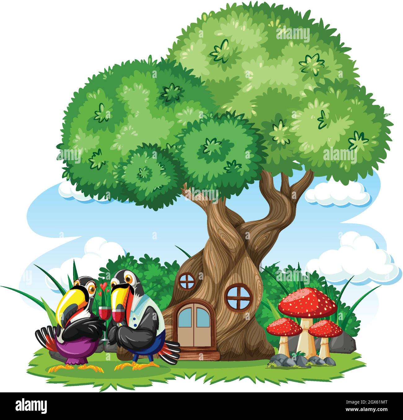 Tree house with three bird cartoon style on white background Stock ...