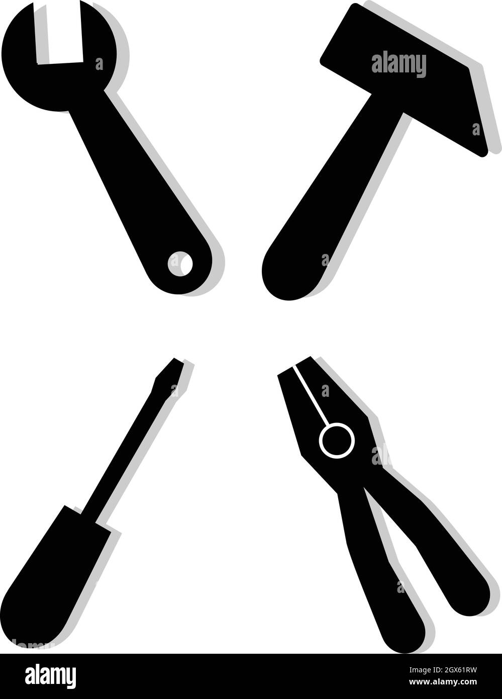 Tools icon set silhouette with grey shadow vector illustration isolated ...