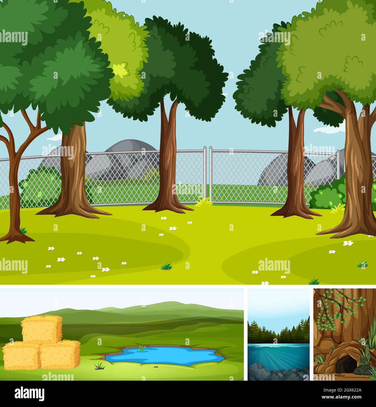 Four different scenes in nature setting cartoon style Stock Vector ...
