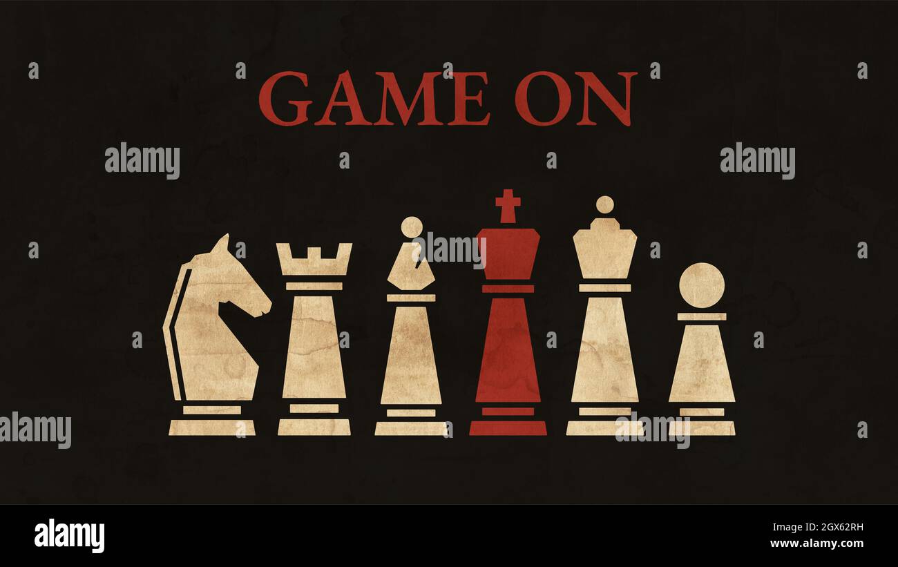 Illustration of all the chess pieces with text game on. Design on black ...