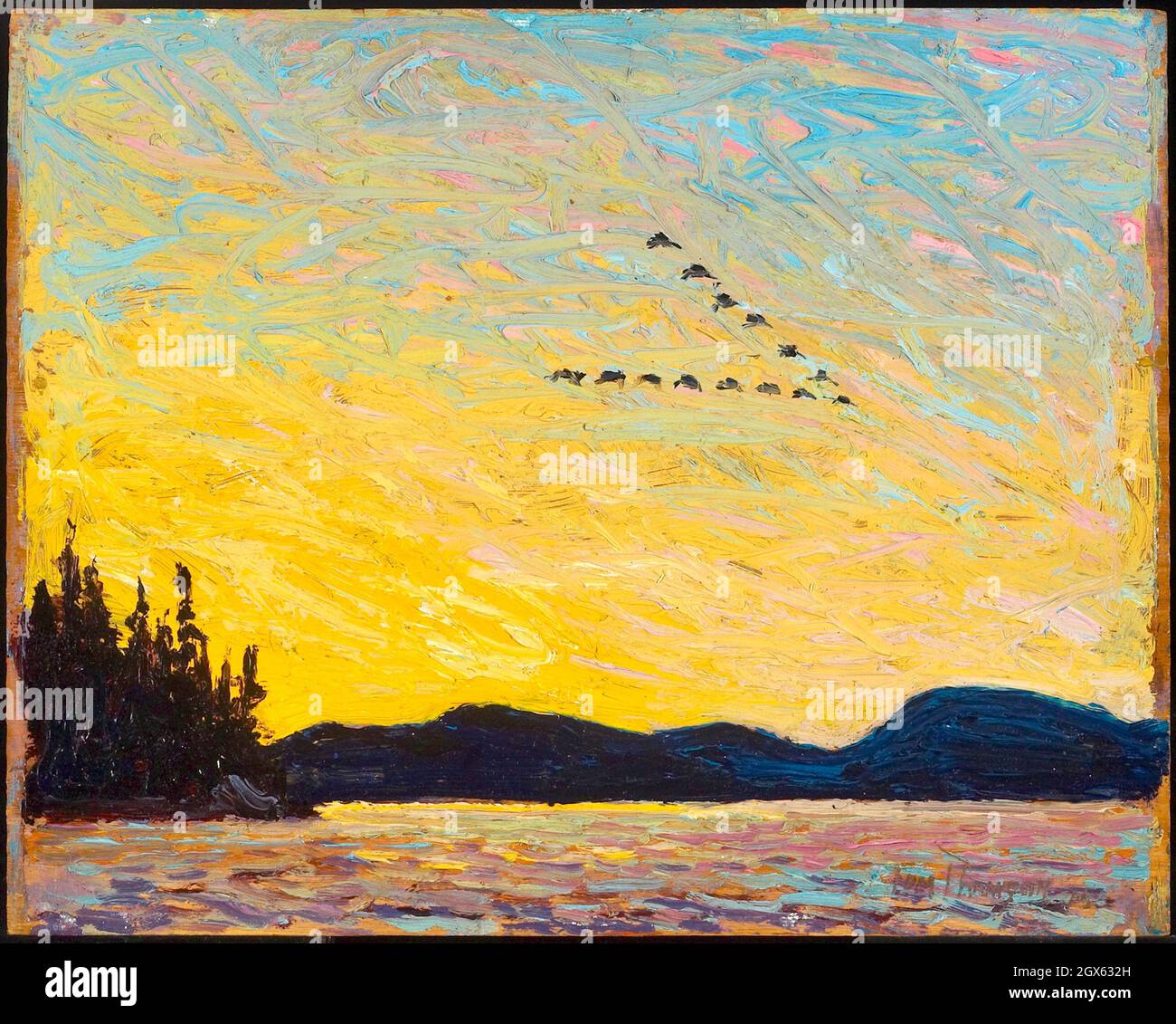Tom Thomson - Round Lake - Mud Bay - 1915 - Geese Flying V above lake ...