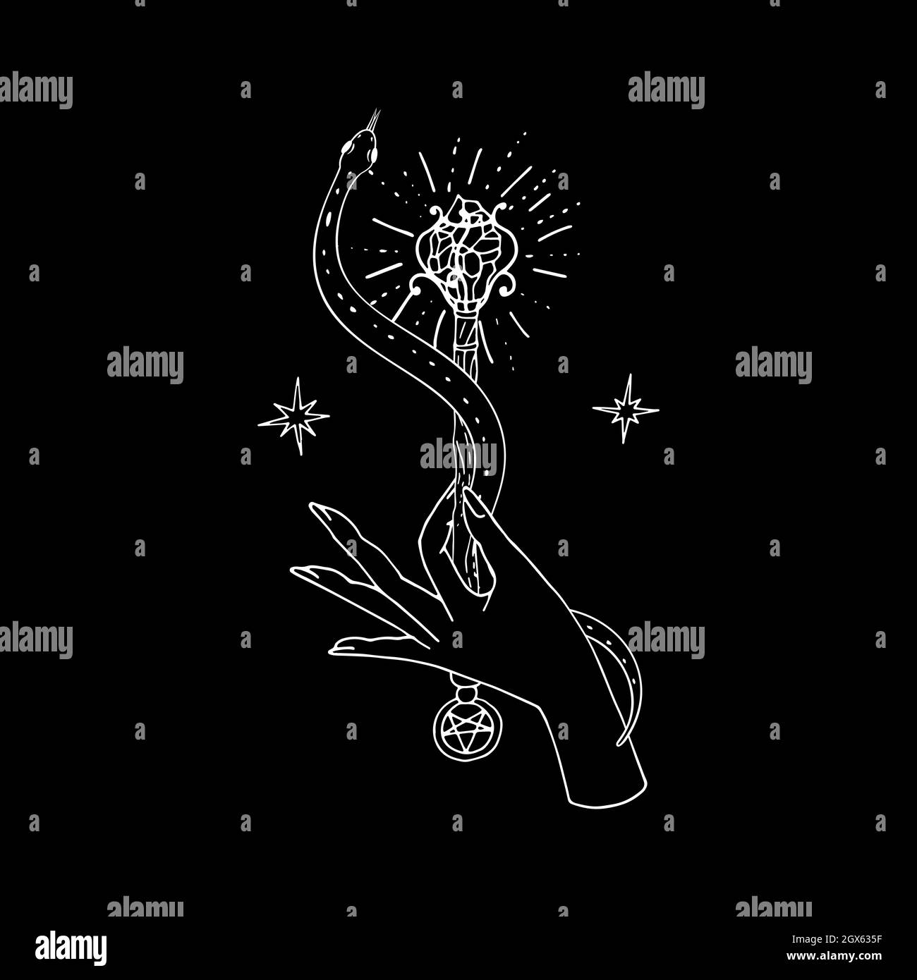 Vintage Mystic snake coiled around the magic wand hold in hand Stock ...