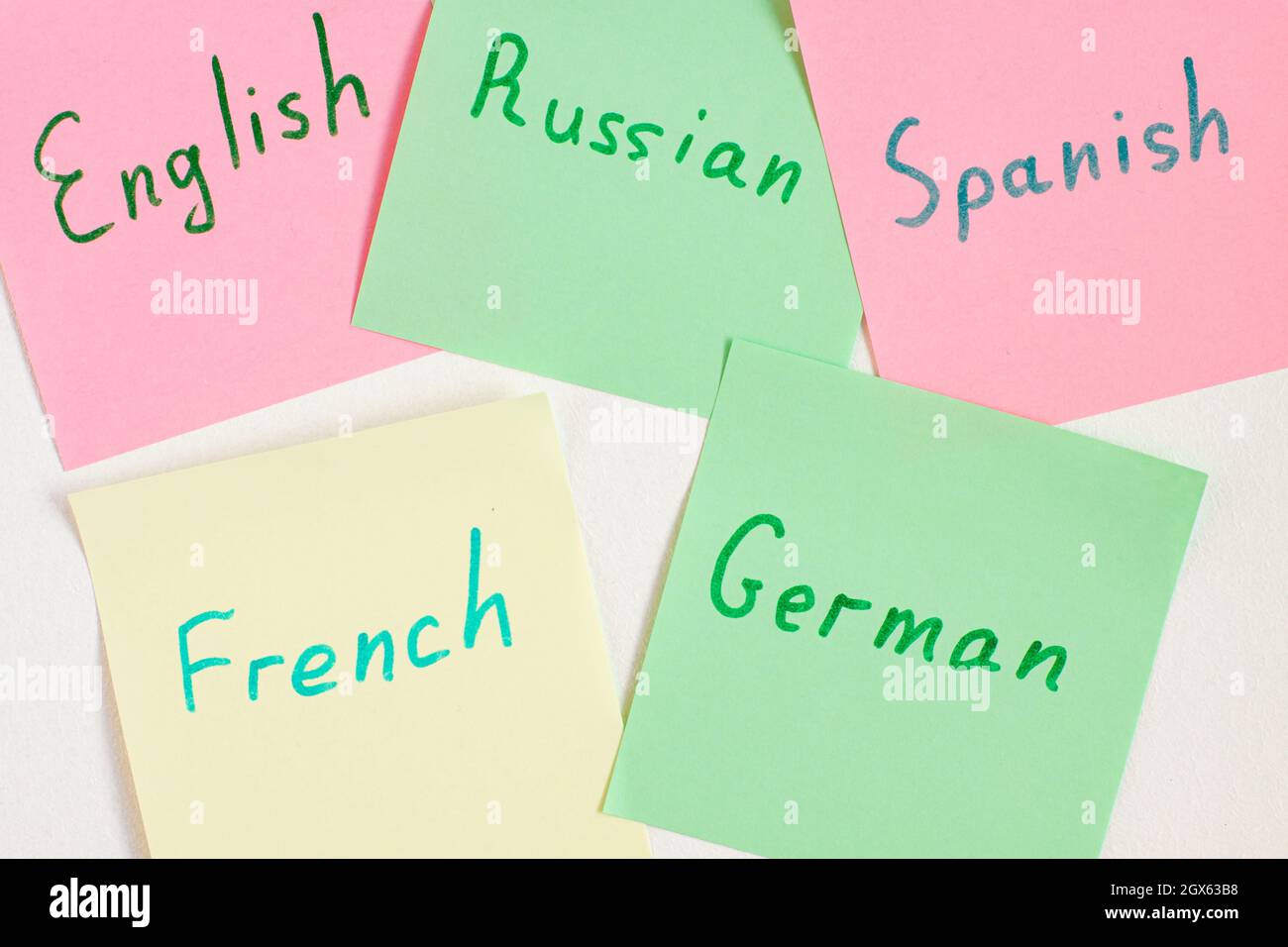 Top view flat lay of different languages which written on the reminder ...
