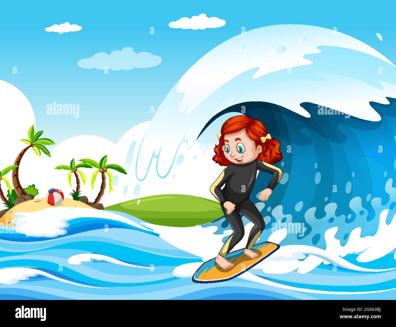 Big wave in the ocean scene with girl standing on a surf board Stock ...