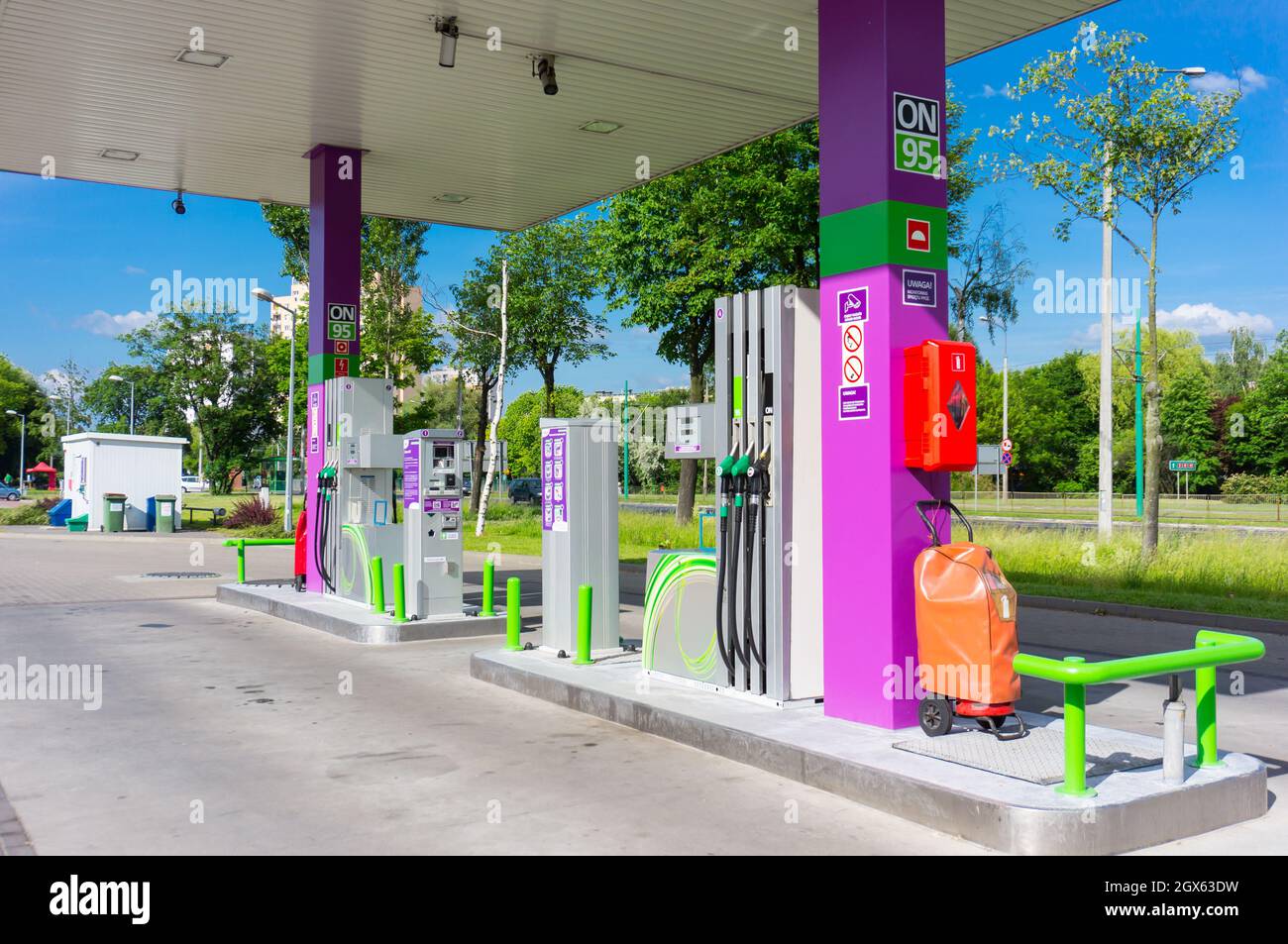 POZNAN, POLAND - Sep 01, 2021: A fuel pumps of a colorful gas station ...