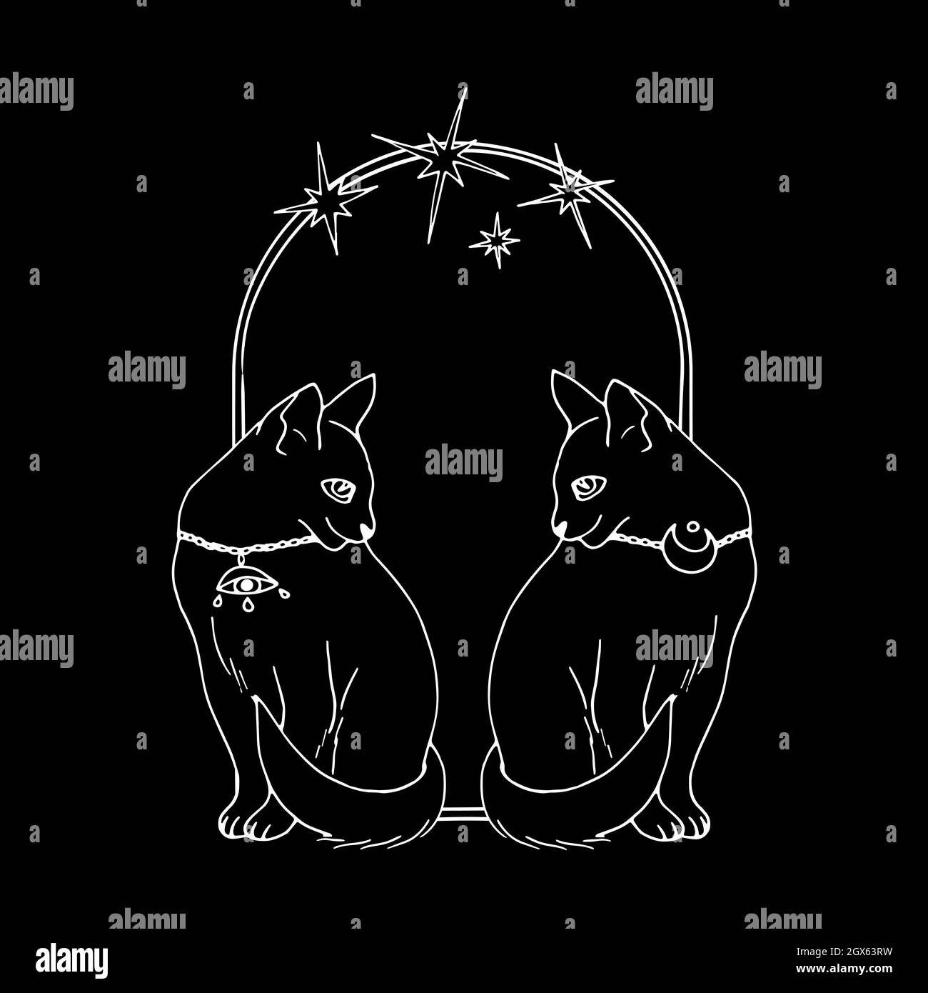 Vintage Mystic Cats inside arch decorated with stars Stock Vector Image ...