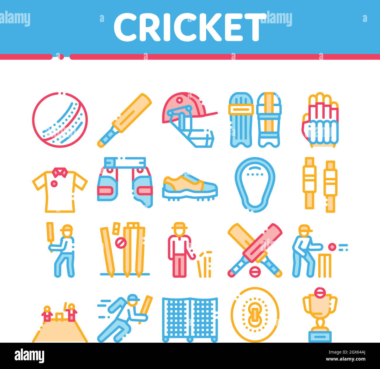 Cricket Game Collection Elements Icons Set Vector Stock Vector Image ...
