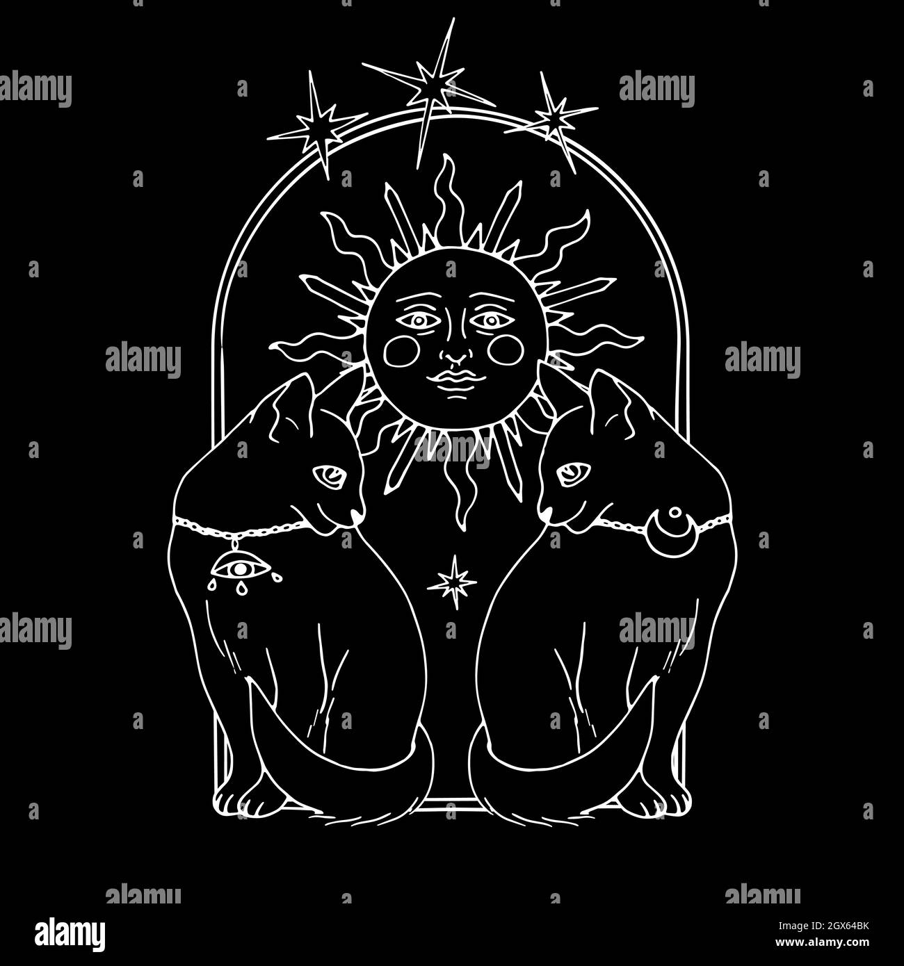 Vintage Gold and Black Mystic Cats and sunshine with female face inside ...