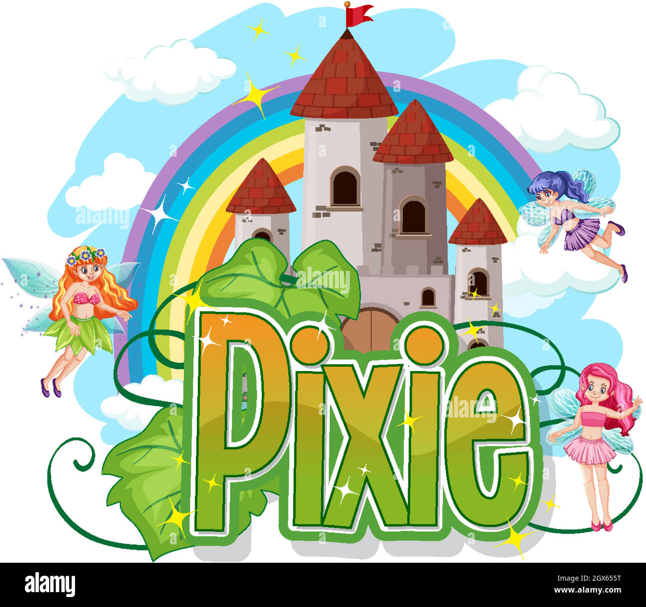 Pixie logo with little fairies on rainbow sky background Stock Vector ...