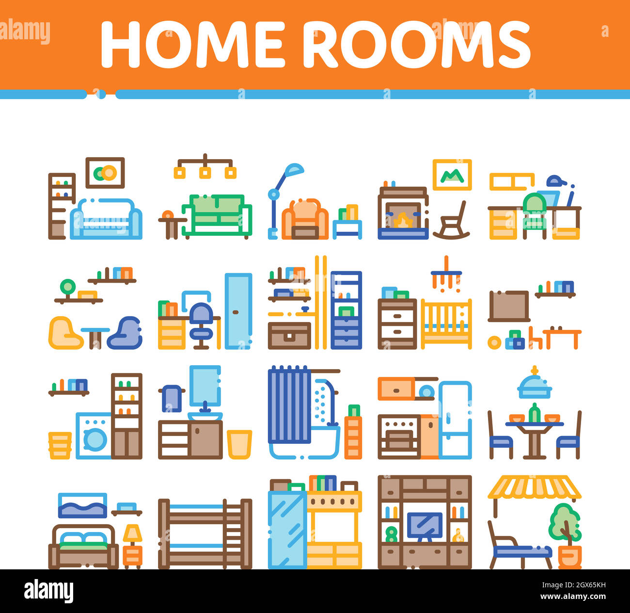 Home Rooms Furniture Collection Icons Set Vector Stock Vector Image ...
