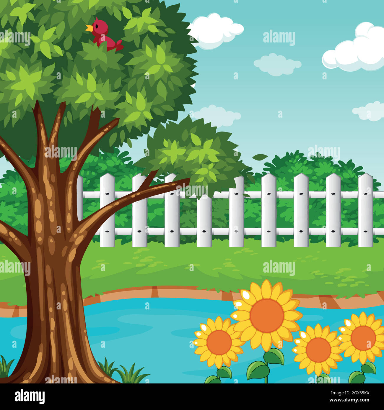 Garden scene with pond and flowers Stock Vector Image & Art - Alamy