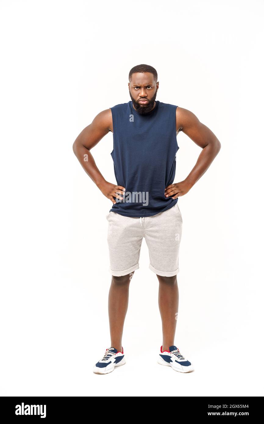 Young fitness african black man in sport wear cheering carefree ...