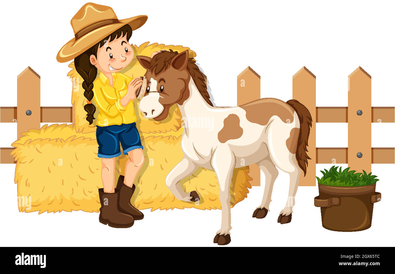 Farmgirl and cute pony on white background Stock Vector Image & Art - Alamy