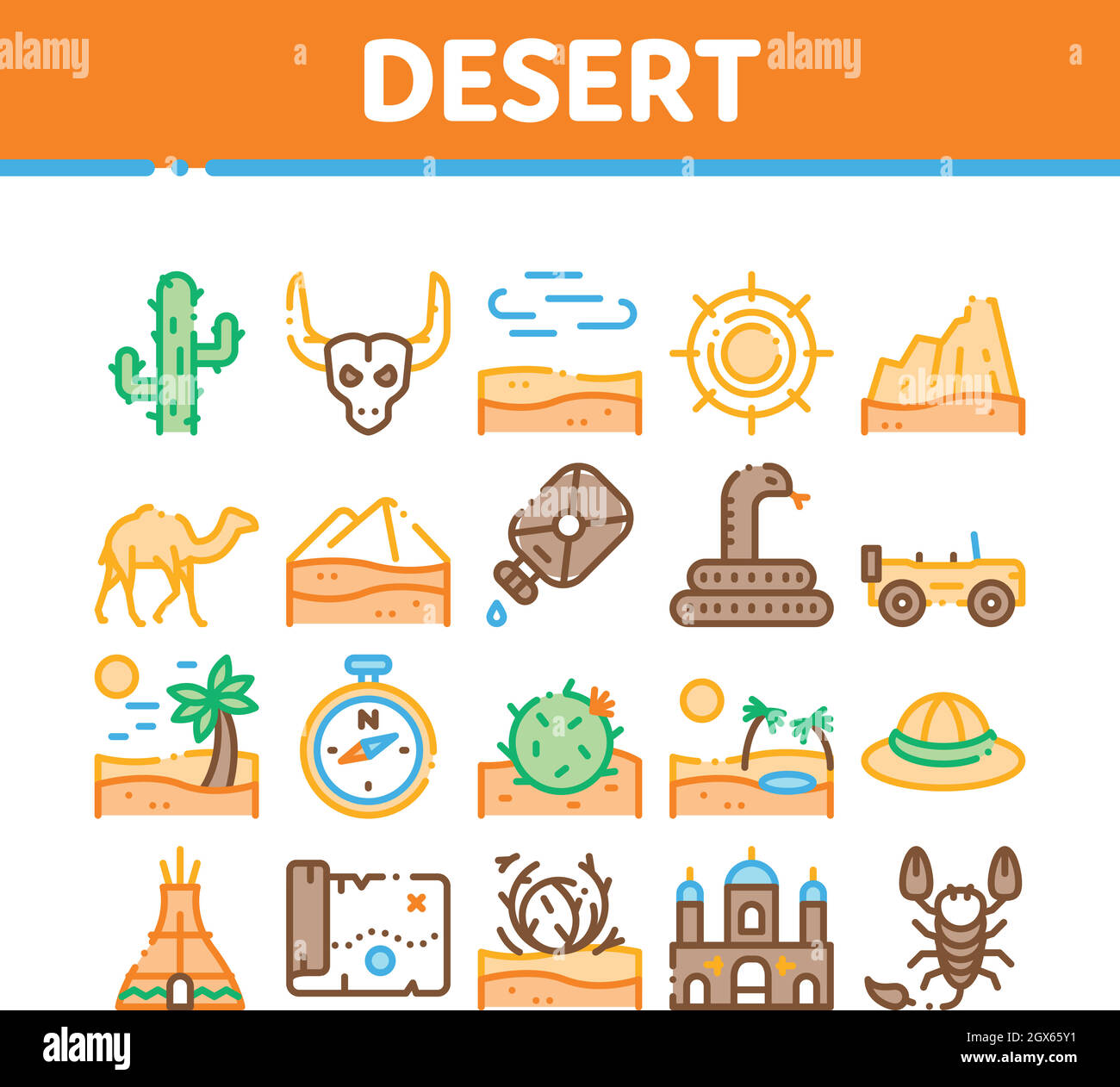 Desert Sandy Landscape Collection Icons Set Vector Stock Vector Image ...