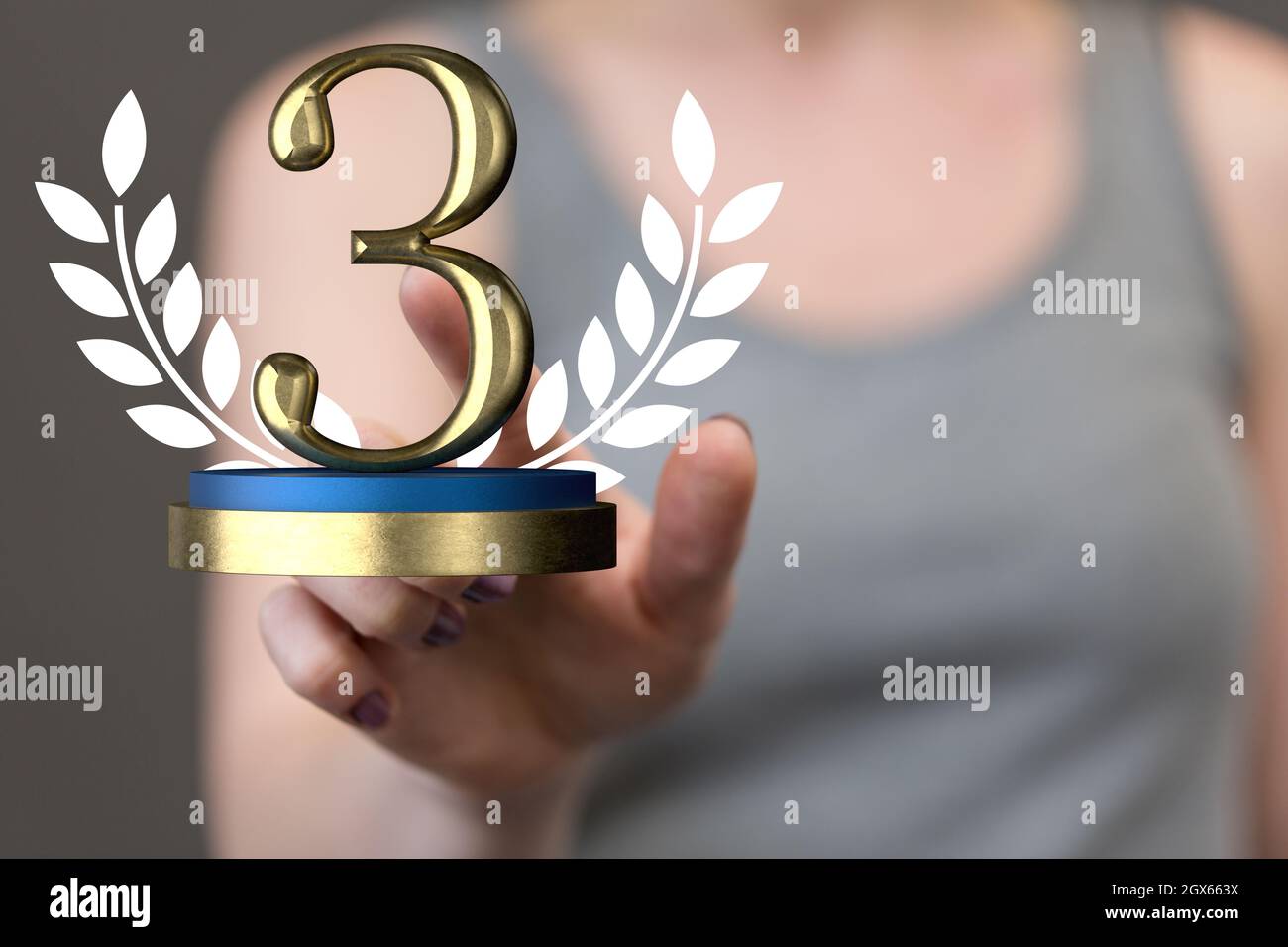 Woman tapping on a 3D rendering of a number three trophy Stock Photo ...